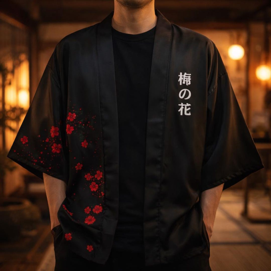 Black Japanese Kimono Cloak With Red Plum Blossoms - Etsy