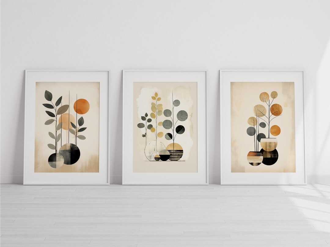 Digital Download Wall Art Set of 3: Boho Abstract Geometric Plant in ...