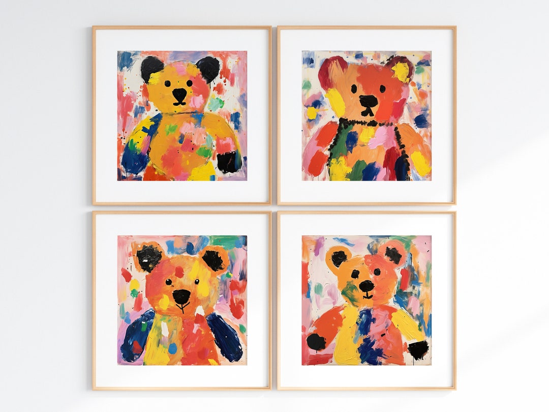Digital Download Wall Art Set of 4: Vibrant Painted Teddy Bears, Fun ...