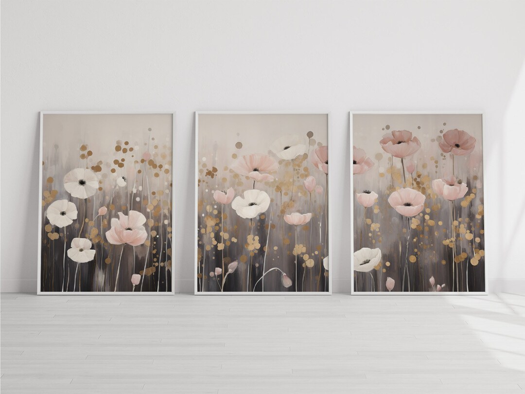 Digital Download Wall Art Set of 3: Gray Pink Watercolor Wildflower ...