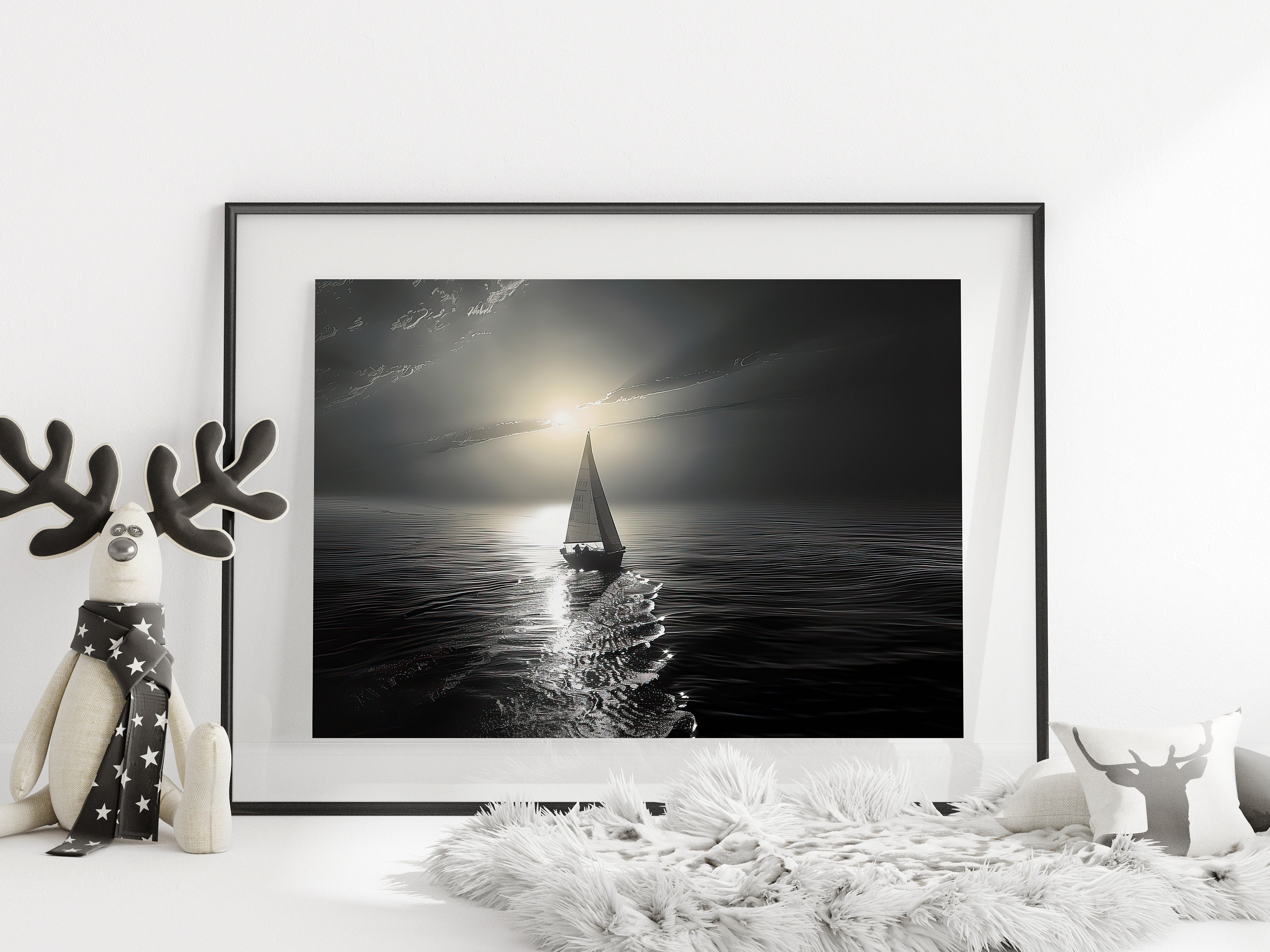 Digital Download Wall Art Black and White Sailing Art, Calm Ocean ...