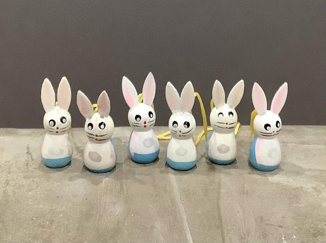 Vintage Mini Wood Easter Bunnies / Set of 6 Blue Hand Painted Folk Art ...