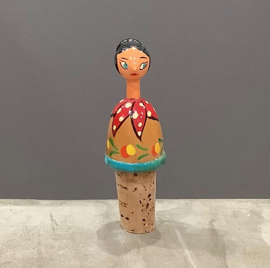 Vintage Wood Carved Cork Wine / Bottle Stopper Lady With Hair Bun and ...