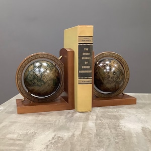 Vintage Pair of Italian World Globe Spinning Rotating Wooden Bookends ...