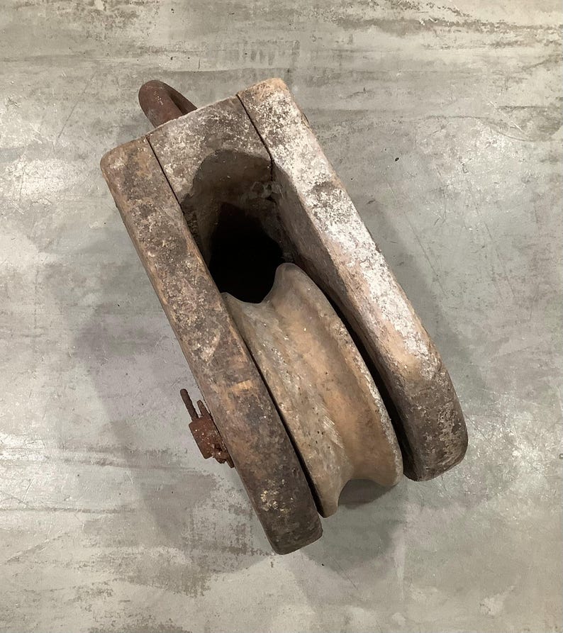 Vintage Large Wood Block and Cast Iron Hook Rope Pulley - Etsy