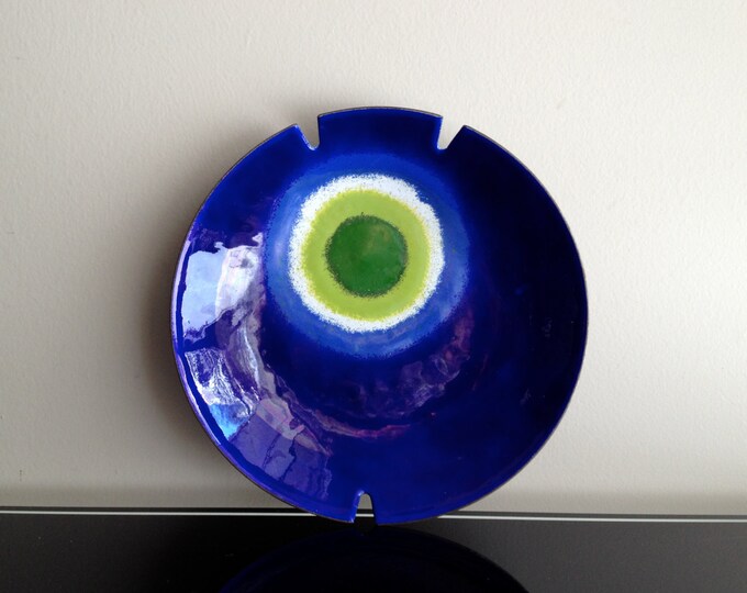 Mid Century - Enamel Blue Bullseye Copper Dish - Etsy
