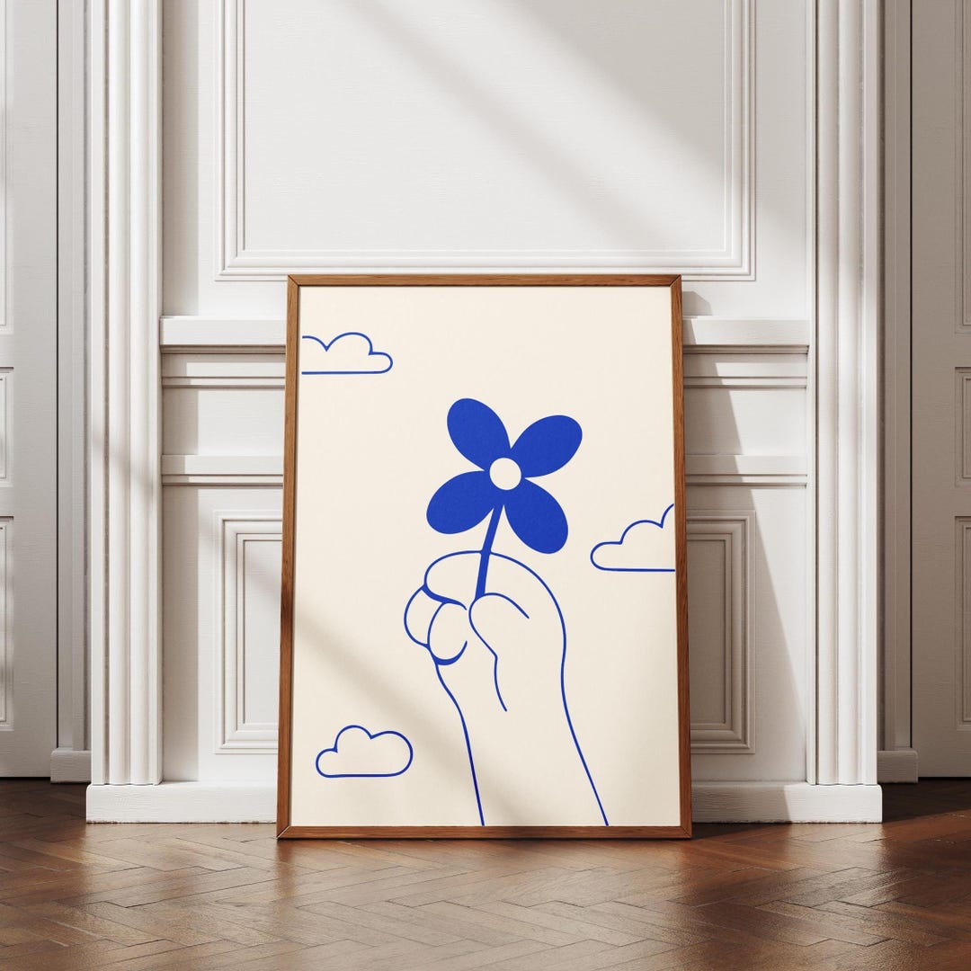 Minimalist Blue Flower Line Art Print: Modern Wall Art, Scandinavian ...