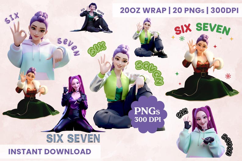 Kpop Demon Hunters 6 7 Meme PNG Bundle, Funny Huntrix Six Seven, Social ...