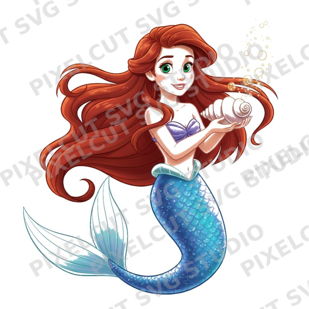 Mermaid Holding Shell Cartoon Vector SVG | Kids Clipart (digital ...