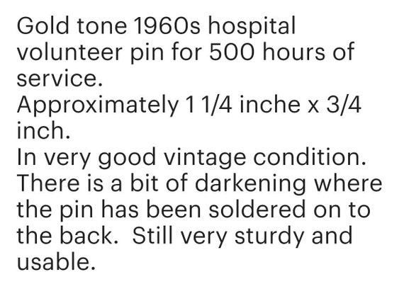 1960s Hospital Volunteer Pin 500 Service Hours Medica… - Gem