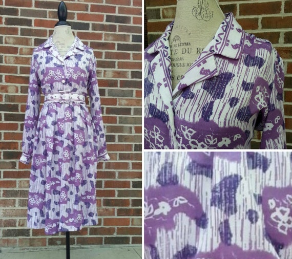 1960s Purple and White Abstract Floral Pattern Belted… - Gem