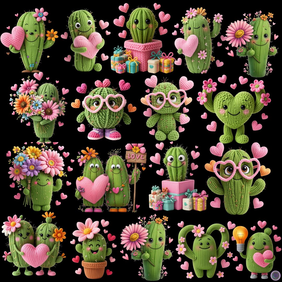 Faux Yarn Cactus Valentine Clipart, Love Plant PNG, Adorable Heart ...