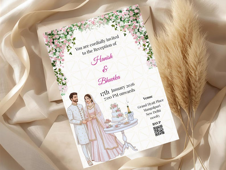 Indian Wedding Reception Invitation Digital, Editable Desi Hindu Floral ...