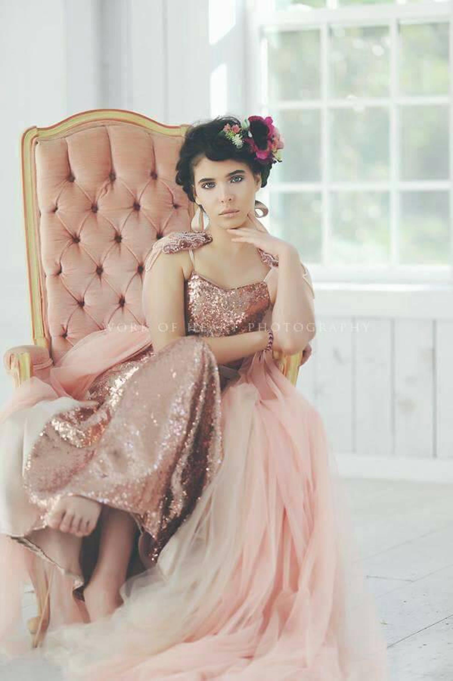 Elsa in blush long couture sequin gown with cape | Etsy