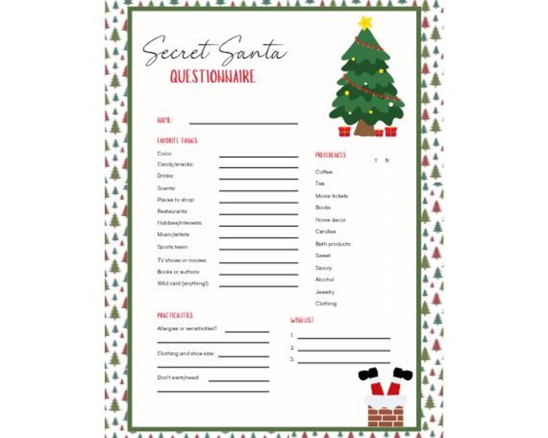 Secret Santa Questionnaire Printable | Christmas Gift Exchange Form ...