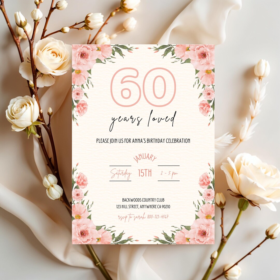 60th Birthday Invitation Editable Template – Pink Floral Birthday ...