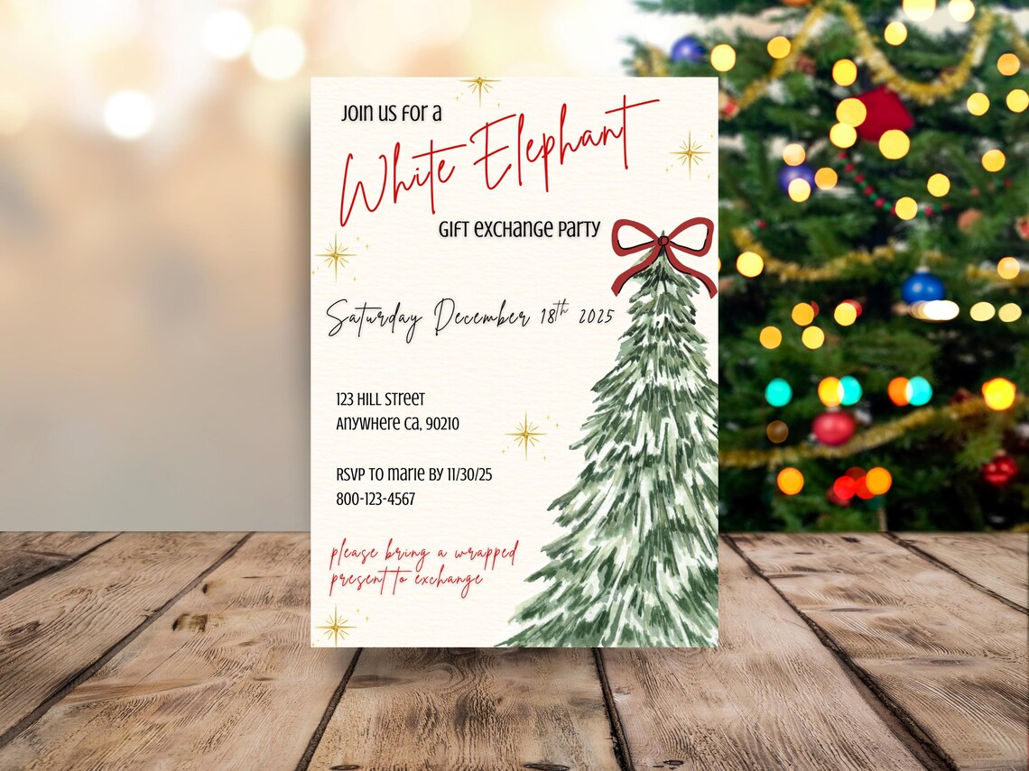 Editable White Elephant Party Invitation, Gift Exchange Christmas Party ...
