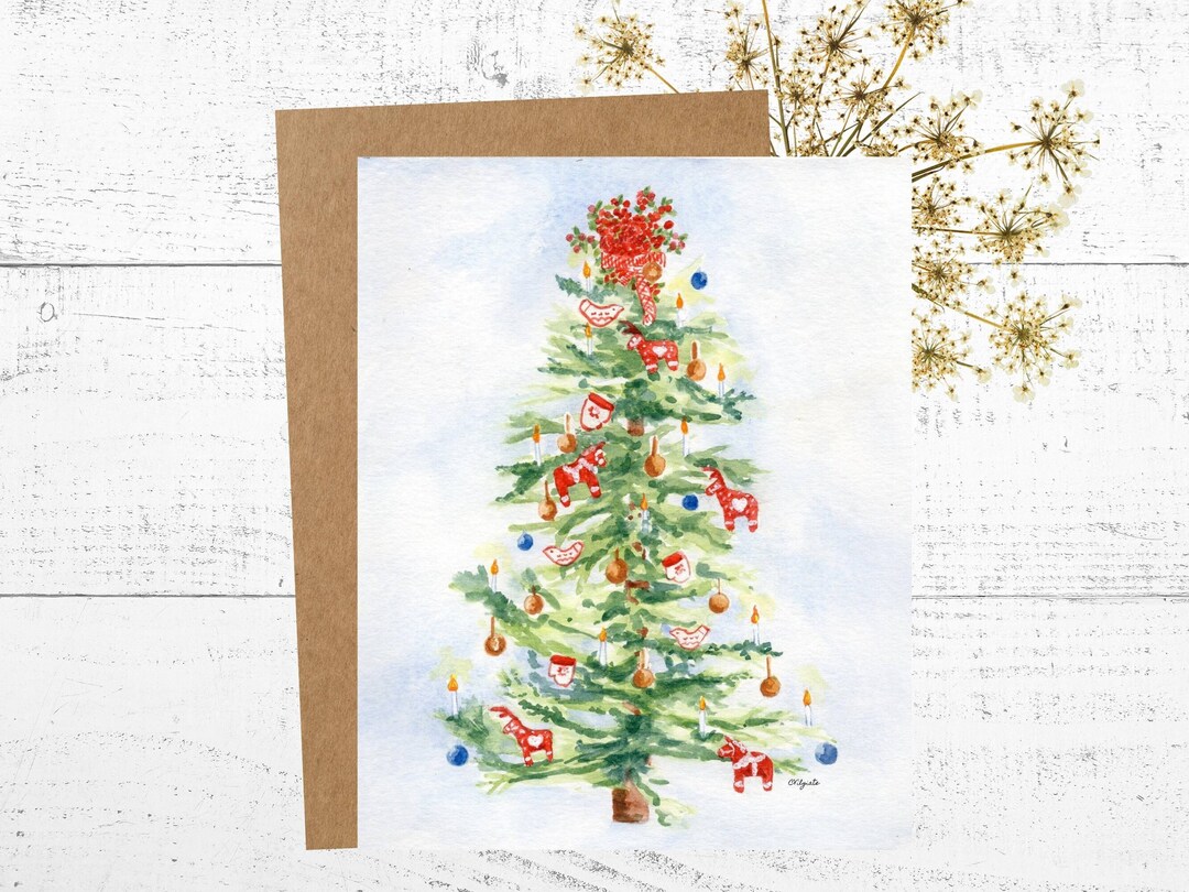 Swedish Christmas Tree Card, Watercolor Holiday Greeting Card - Etsy