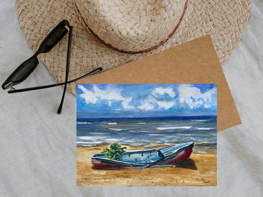 Belize Beach Boat Watercolor Painting Card: Personalized Greeting Card ...