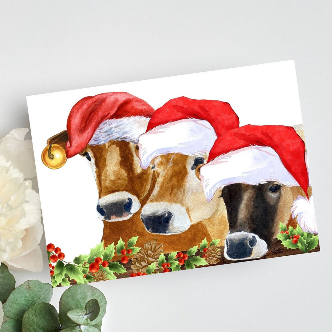 Digital Download, Cow Christmas Card, Printable Watercolor Card ...