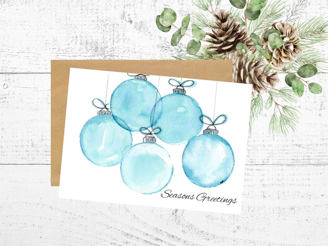 Watercolor Christmas Card, Light Blue Ornaments, Holiday Art (5x7 Blank ...