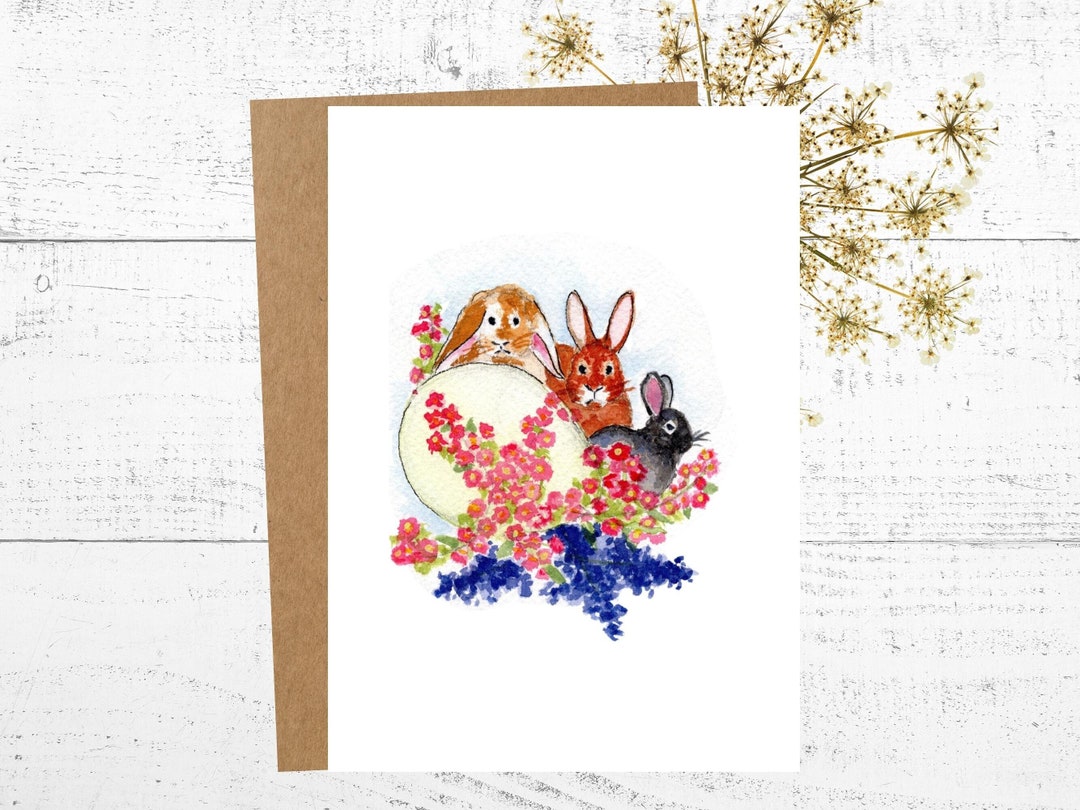 Spring Bunny Greeting Card, Personalized Watercolor Easter Art, Rabbit ...