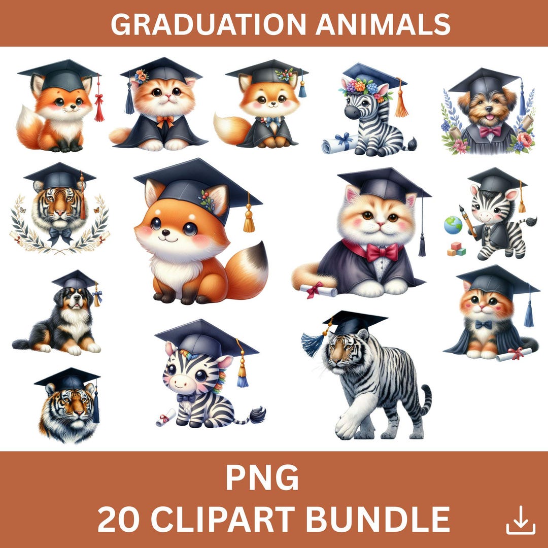 Graduation Animals PNG Bundle: Education Clipart School Grad Animals ...