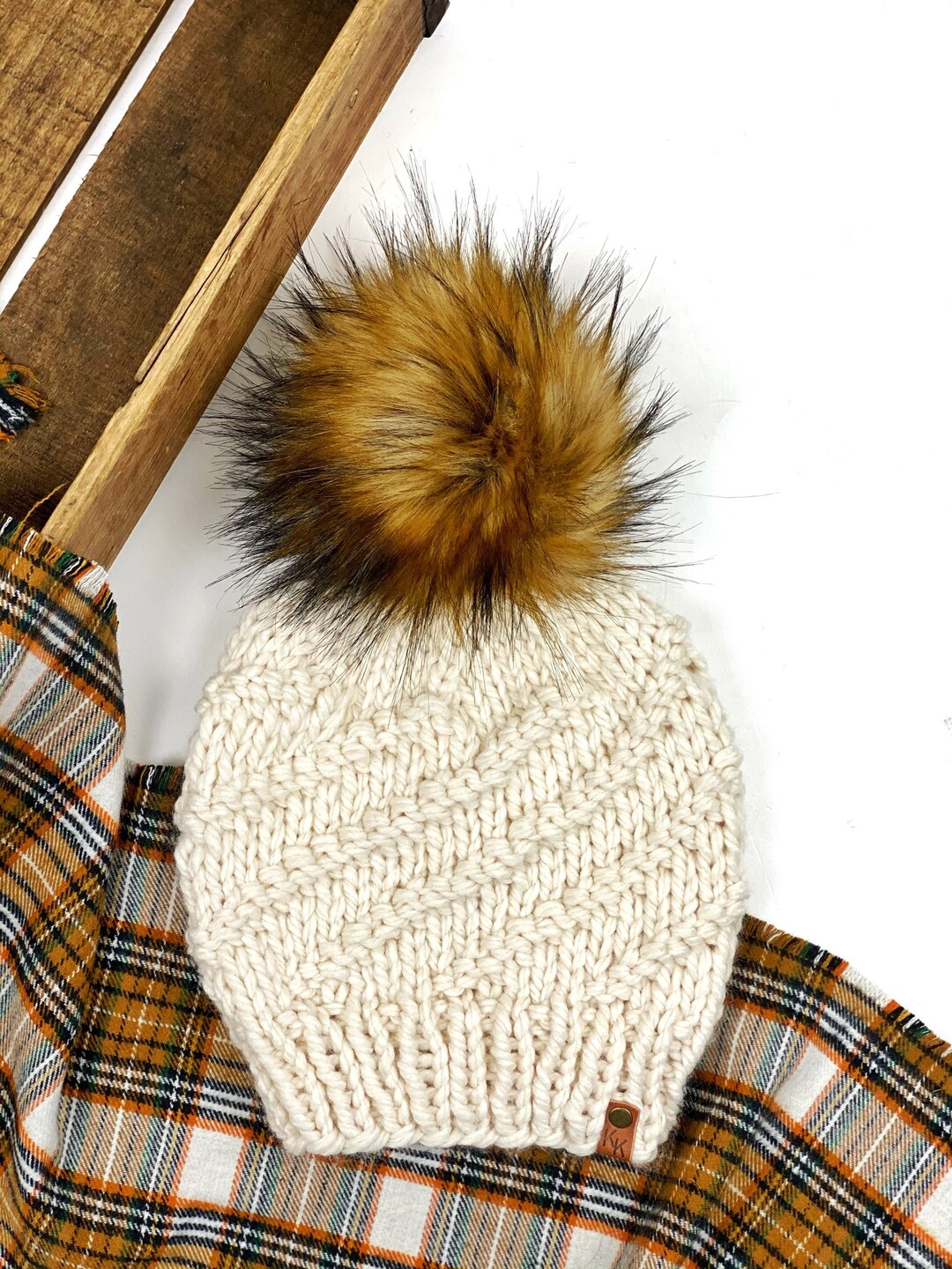 Fisherman Hand Knit Cyclone Beanie Wool Blend Tamarin Faux Fur Pom Pom ...