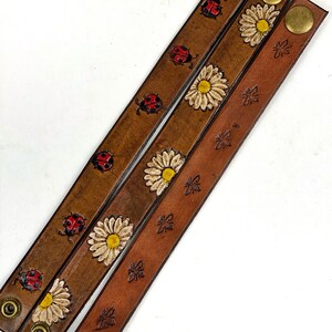 Leather Bracelet Cuff Honey Bee Daisy Ladybug Hand Tooled Stamped Wrap ...