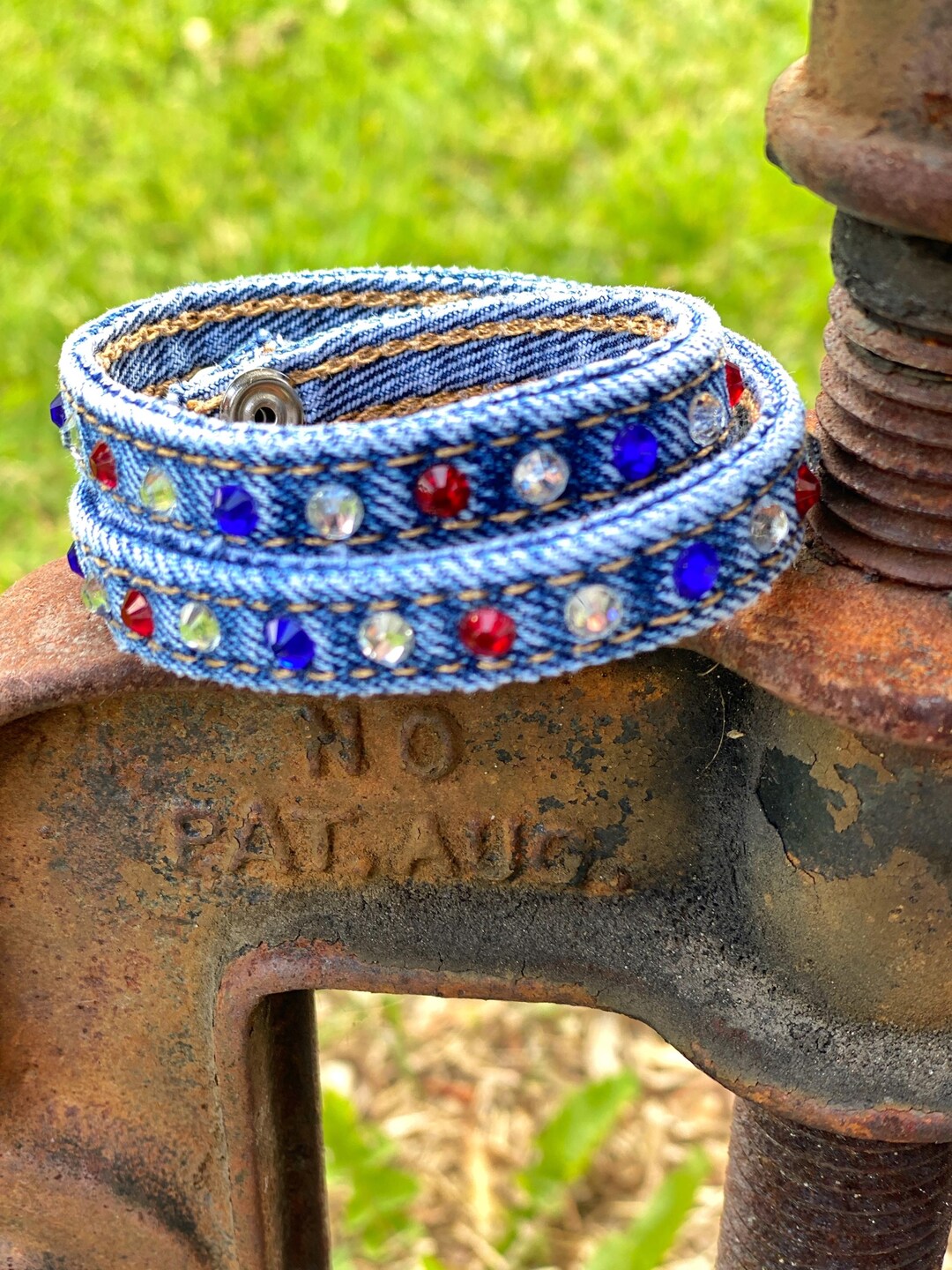 Rhinestone Stud Upcycled Denim Seam Bracelet ~ Boho Chic Festival Style ...