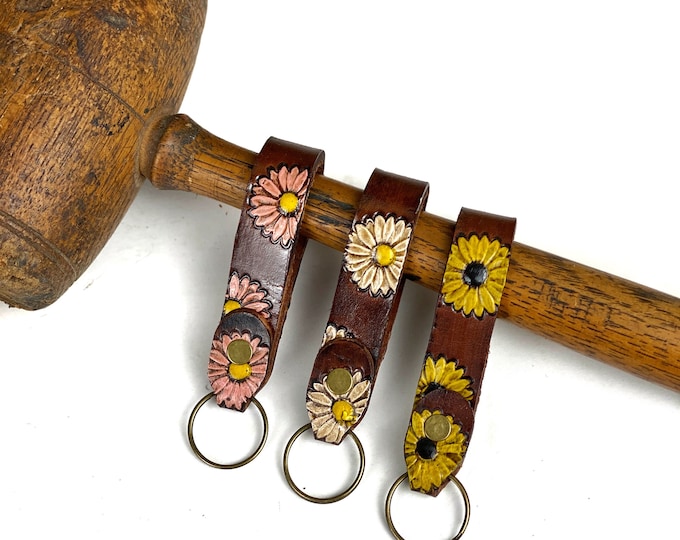Wildflower Leather Key Fob, Hand Stamped Sunflower Key Fob, Painted ...