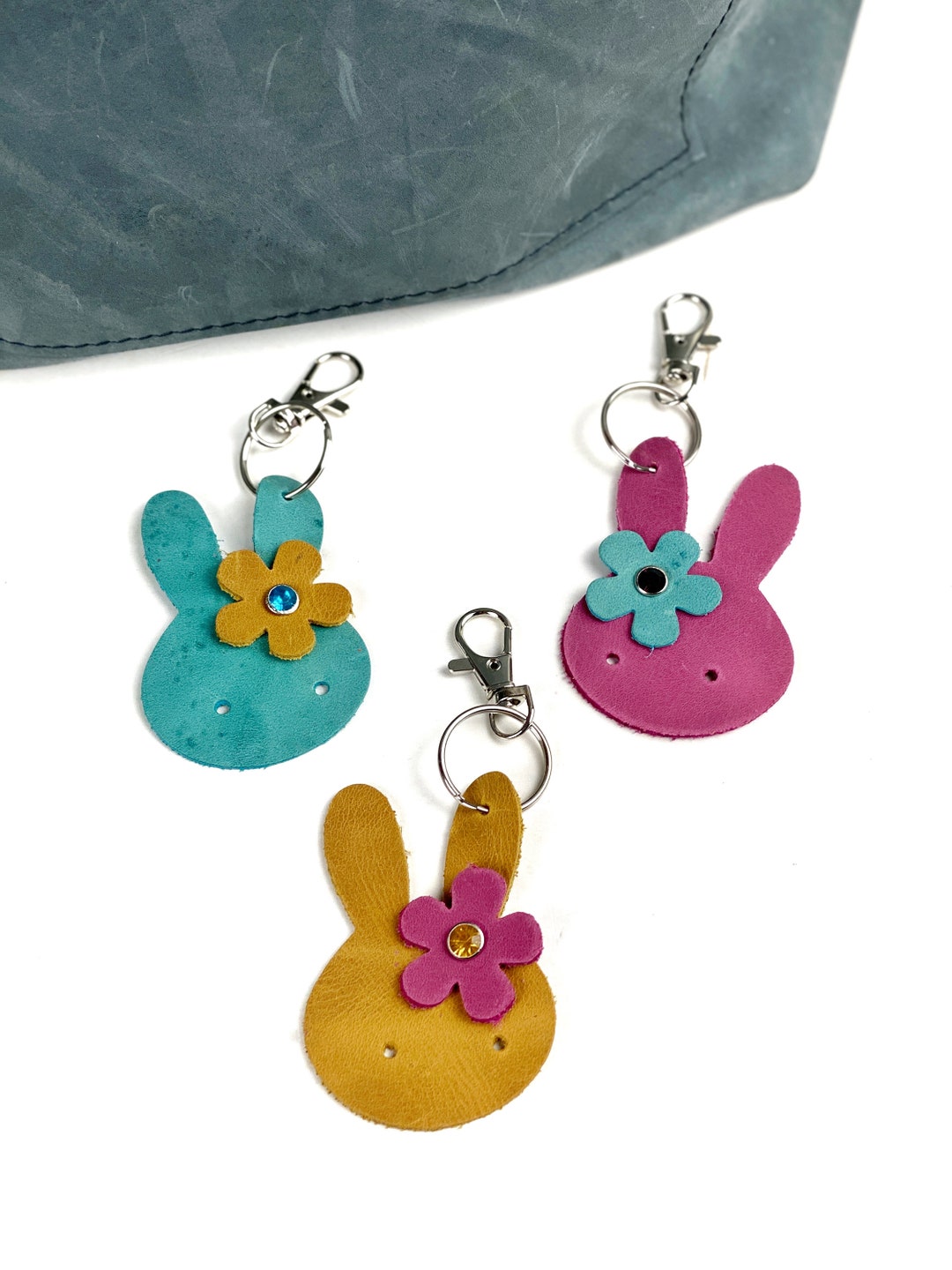 Peeps Leather Bunny Rabbit and Flower Keyring Purse Charm, Bag Clip on ...