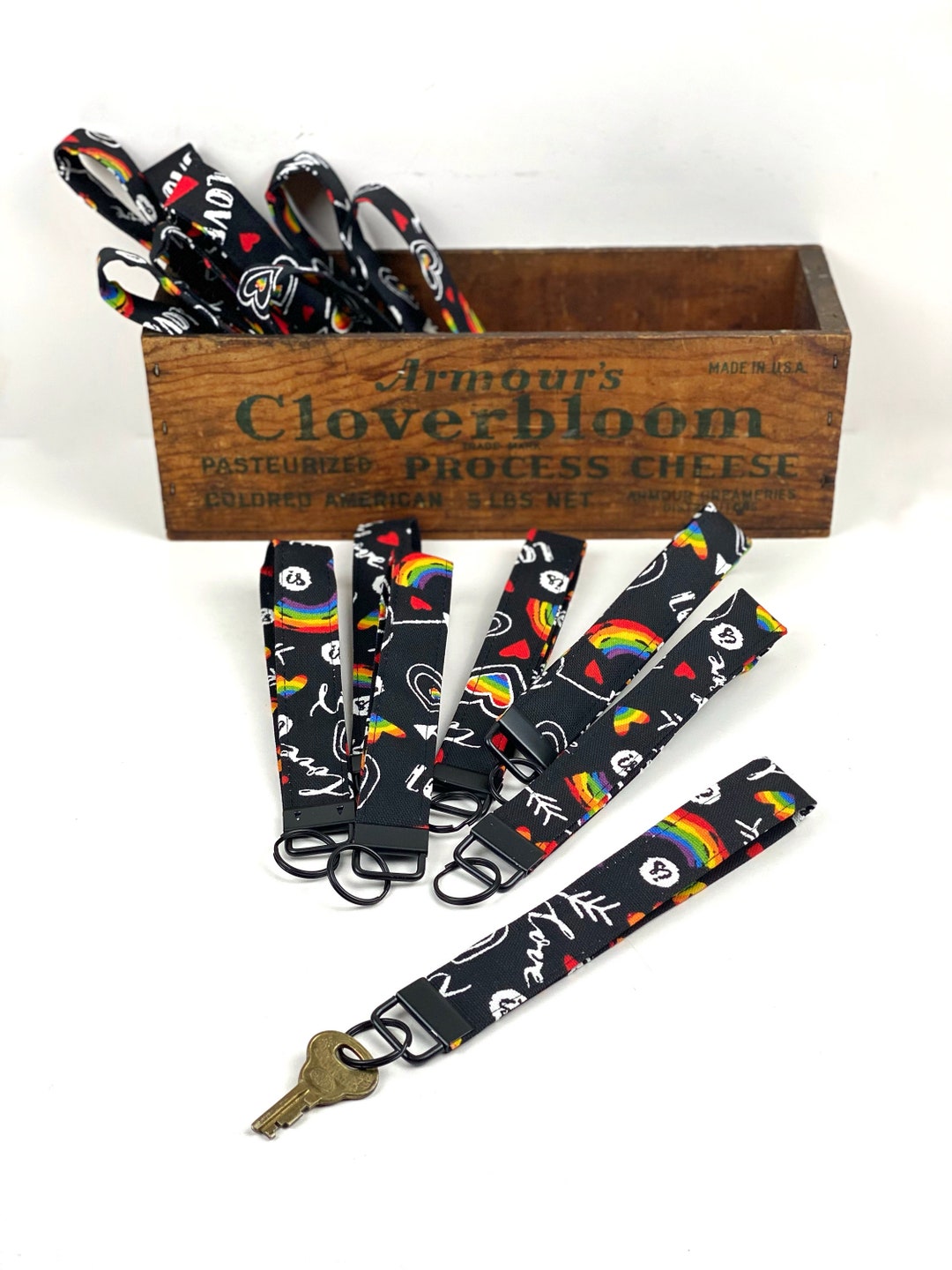 Hearts and Rainbows Black Wristlet Key Fob, Canvas Wrist Key Chain ...