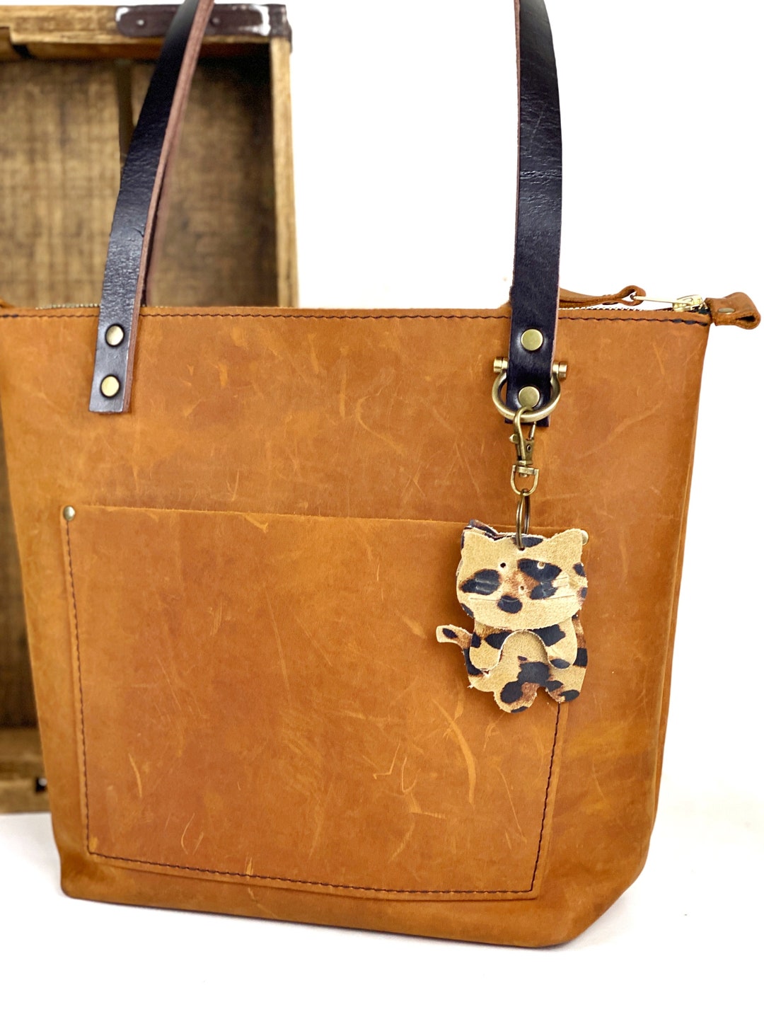 Leopard Print Designer Leather Cat Keyring Purse Charm, Bag Clip on Cat ...