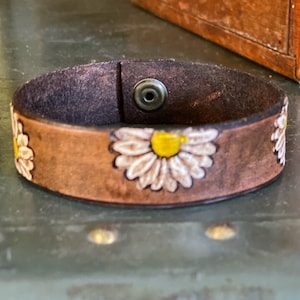 Leather Bracelet Cuff Honey Bee Daisy Ladybug Hand Tooled Stamped Wrap ...