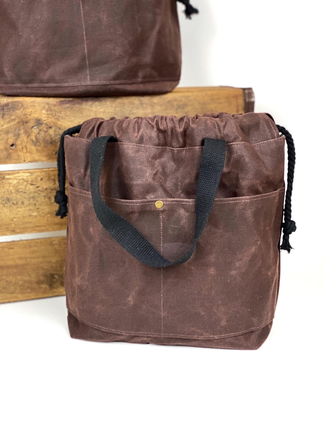 Chocolate Brown Pendleton Wool Waxed Canvas Project Bag Knit or Crochet Drawstring Flat Boxed ...