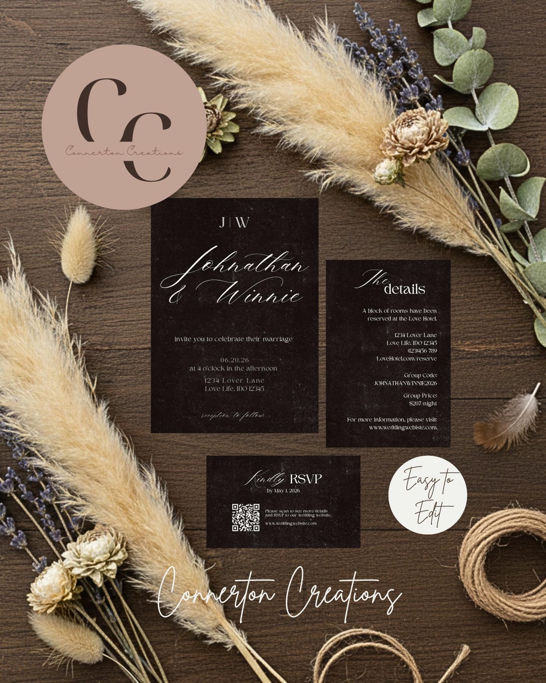 Rustic Western Wedding Invitation Suite, Canva Template (digital ...
