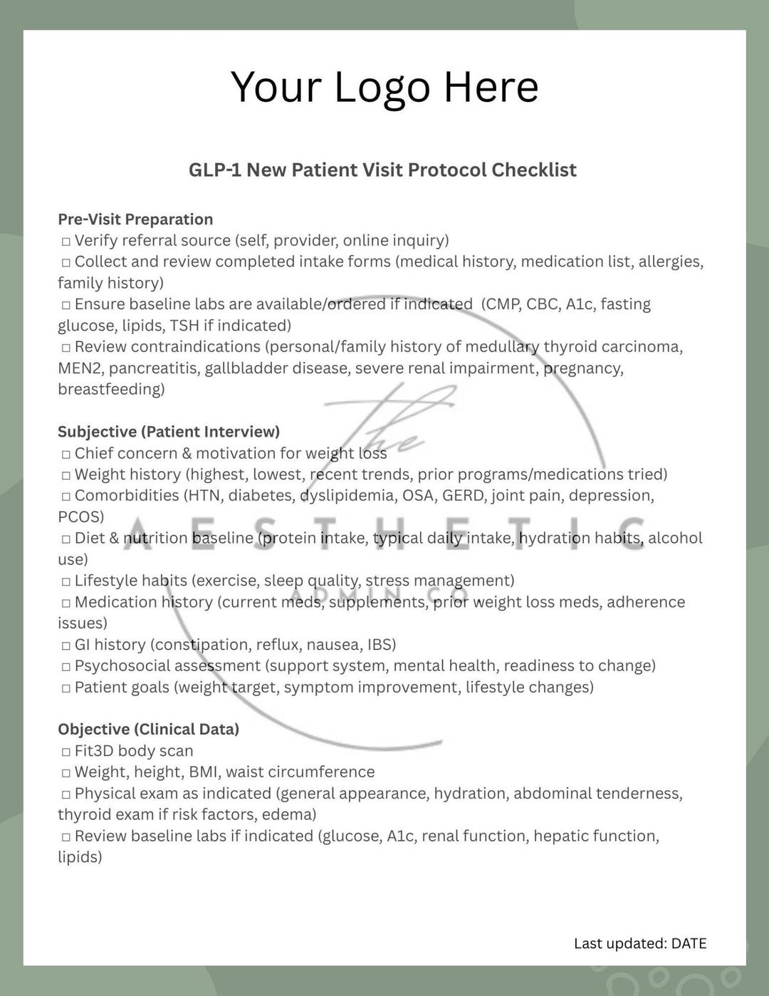 Editable GLP-1 New Patient & Follow-up Visit Protocol Checklist - Etsy