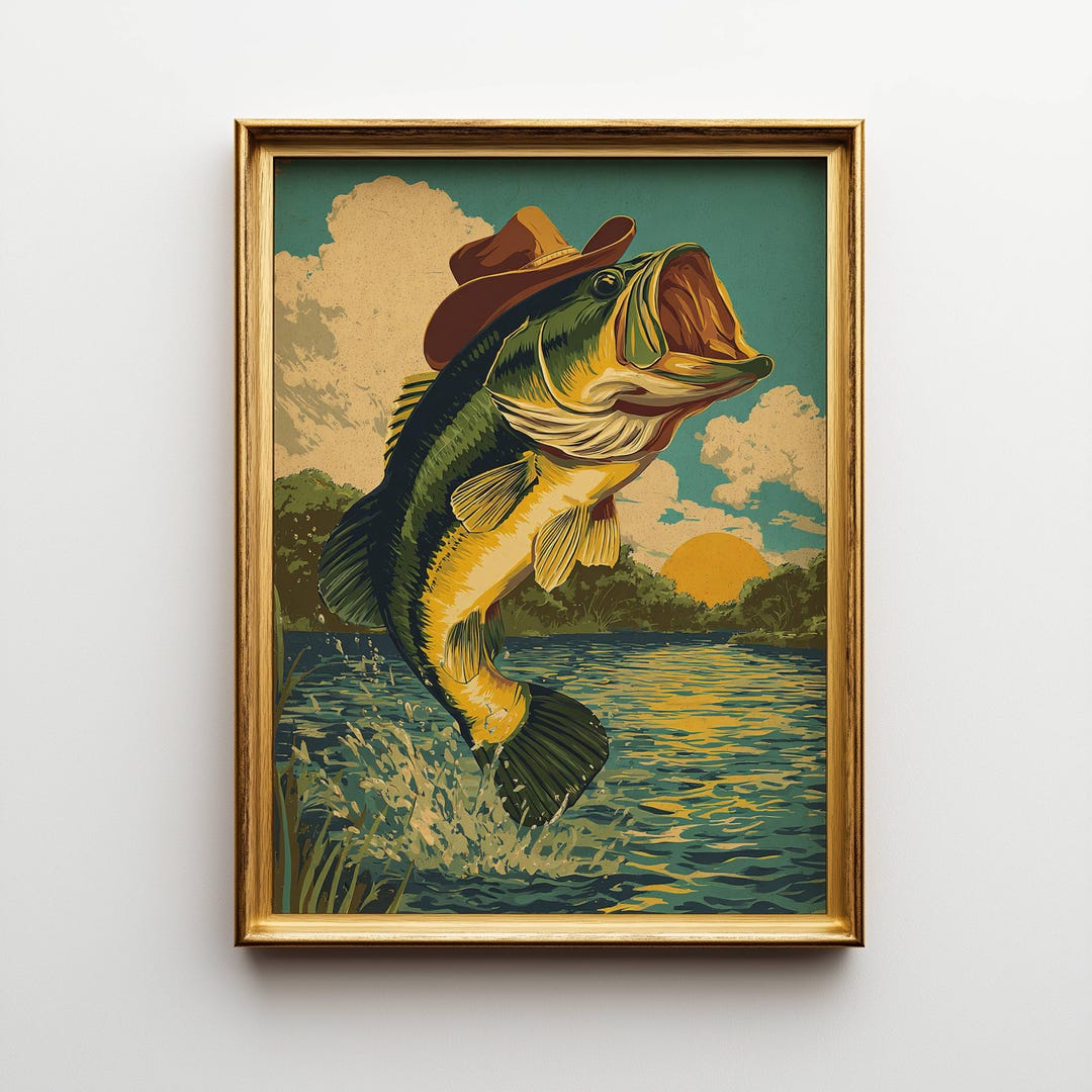 Vintage Bass Cowboy Poster, Country Fish Print - Etsy