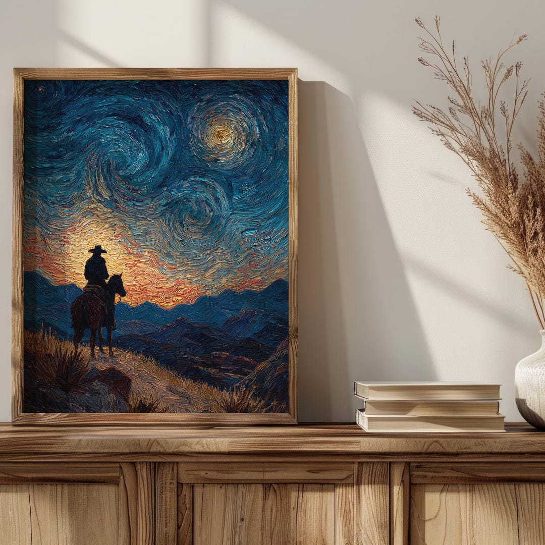 Cowboy's Starry Night, Starry Night Print, Rustic Art Print, Cowboy ...