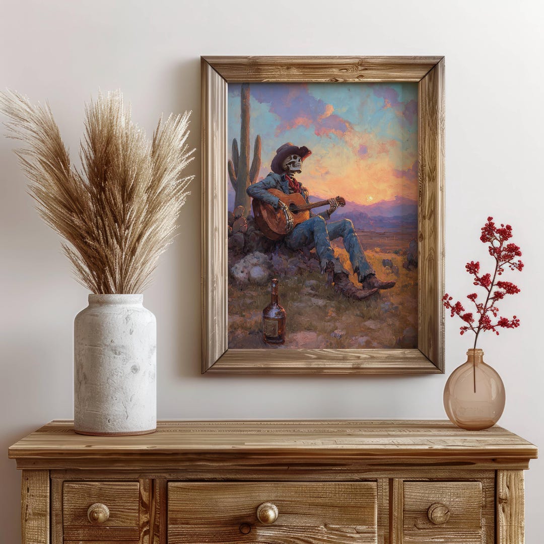 Skeleton Cowboy Poster, Skeleton With Guitar, Western Skeleton Art ...