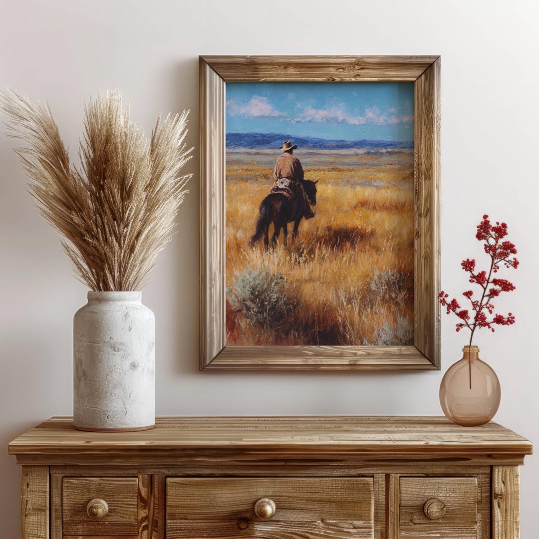 Poster, Vintage Cowboy Riding Horse Early 1900s Prairie Oil Painting ...