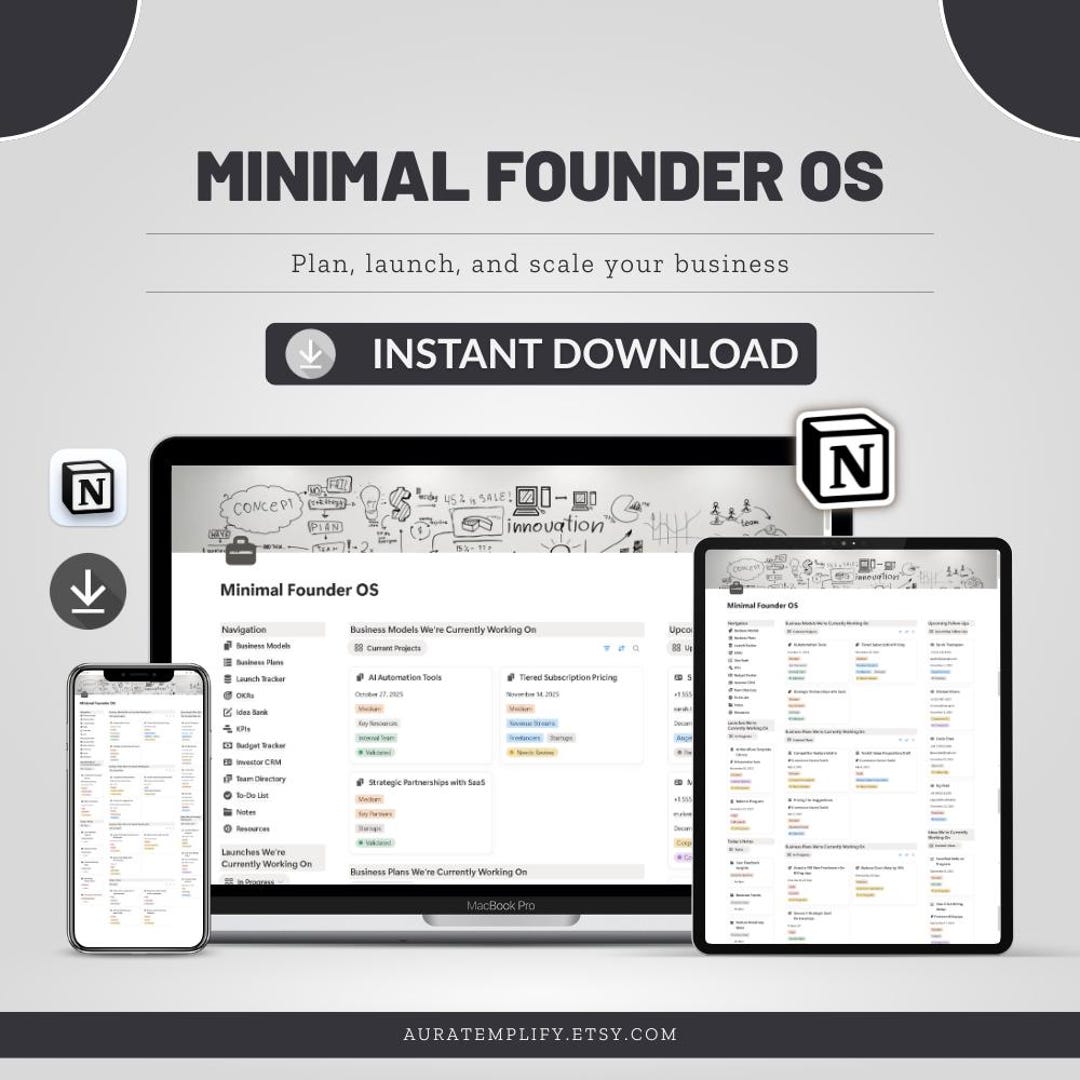 Minimal Founder OS Notion Business Planner Template | Startup Dashboard ...
