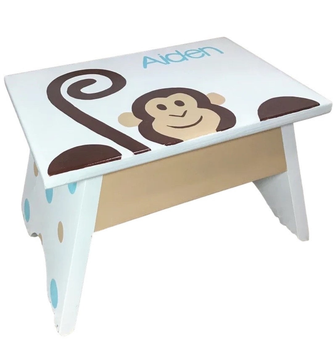 Monkey Hand-painted Step Stool for Toddler Boy, Personalized Kids Foot ...