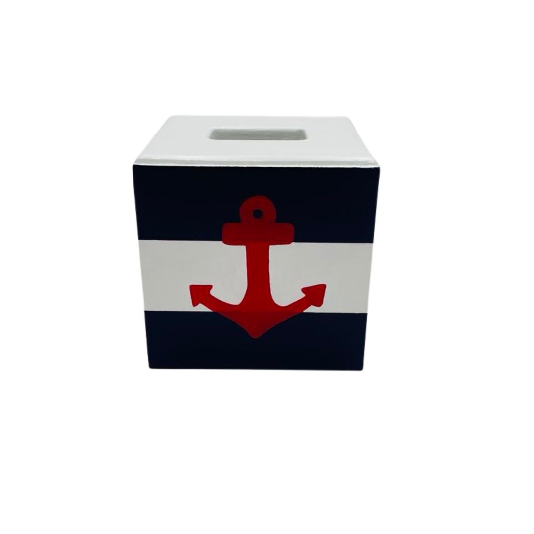 Navy Blue and White Striped Tissue Box Holder With Red Anchor, Tissue ...