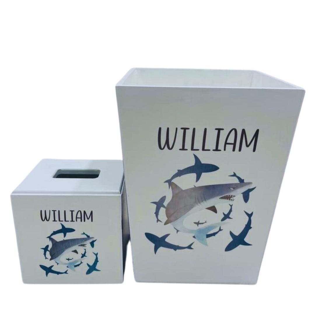 Personalized Shark Wastebasket and Tissue Cover Set Nautical Bathroom ...