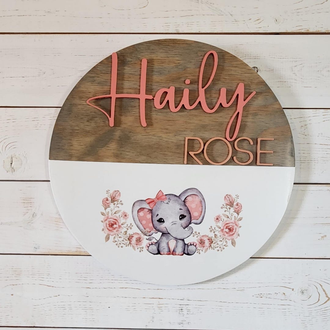 Custom Baby Girl Name Sign – Elephant Theme – Round Wood Nursery Sign ...