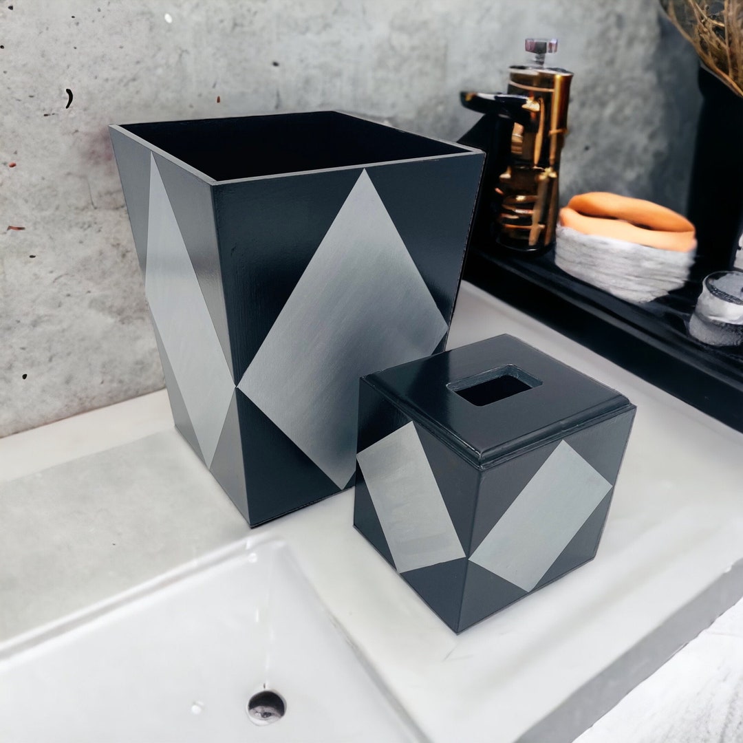 Wood Tissue Box Cover and Wastebasket Set Diamond Design, Holder for ...