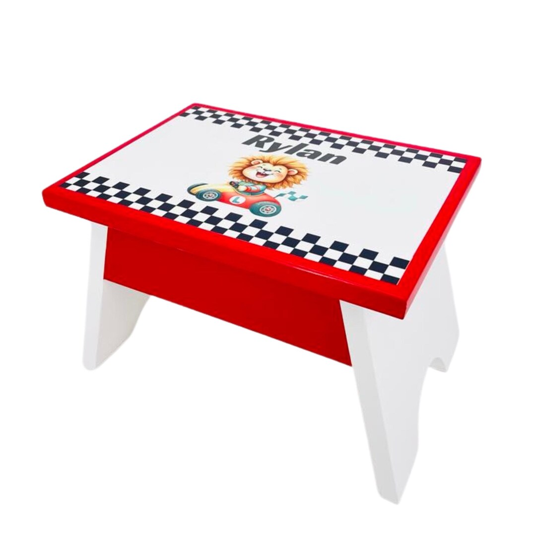 Racing Lion Step Stool Racecar Theme, Custom Racing Name Stool, Red and ...