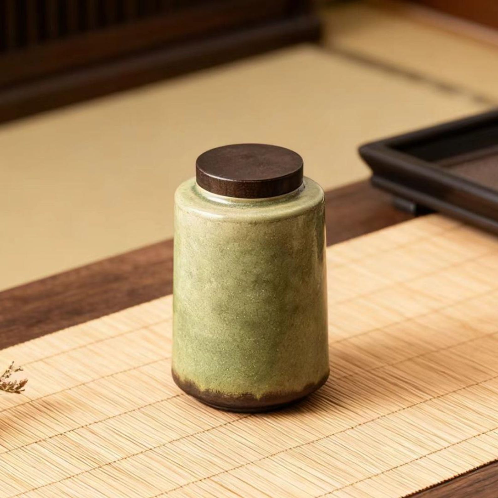 Rustic Green Ceramic Jar With Wood Lid, Farmhouse Kitchen Storage ...